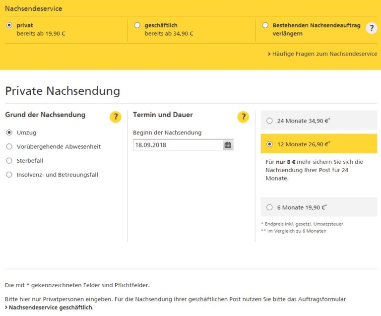 Nachsendeauftrag Formular - Deutsche Post - online ausfüllen
